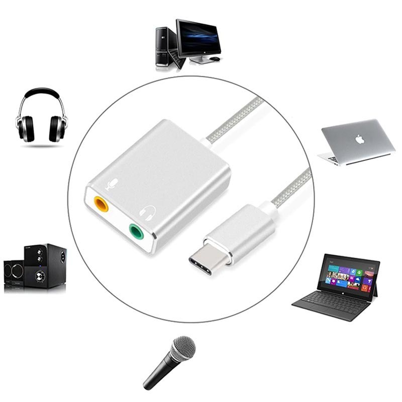 Adaptor Audio Microfon Și Căști USB-C / AUX - Argintiu